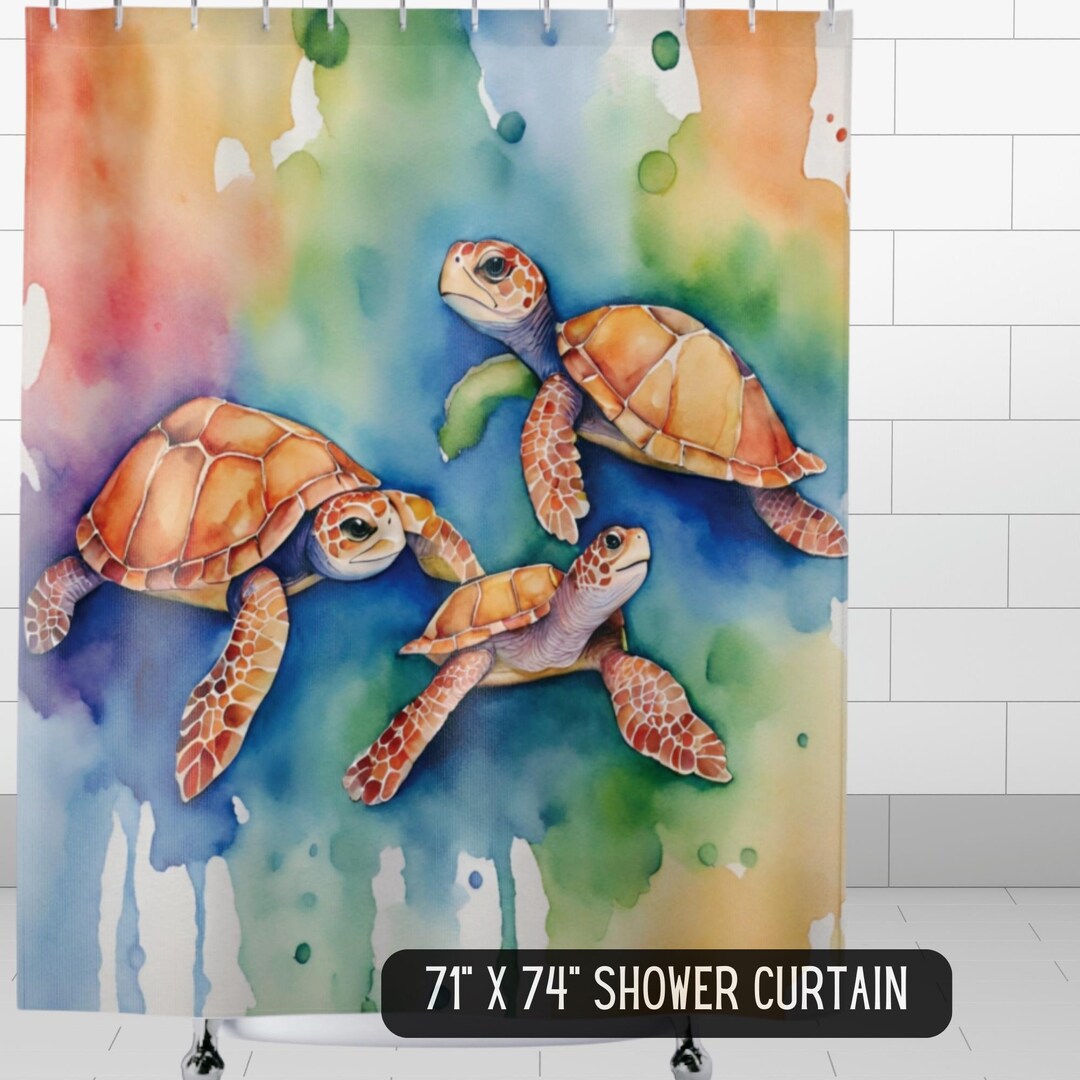 Sea Turtles Shower Curtains, Watercolor Rainbow Bathroom, Whimsical ...