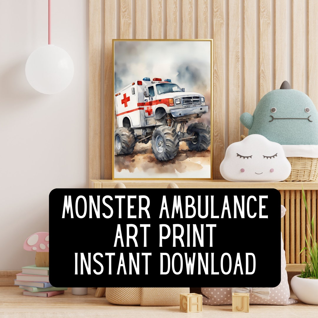 Monster Truck Ambulance Watercolor Art – Whimsical Kids Room Decor ...