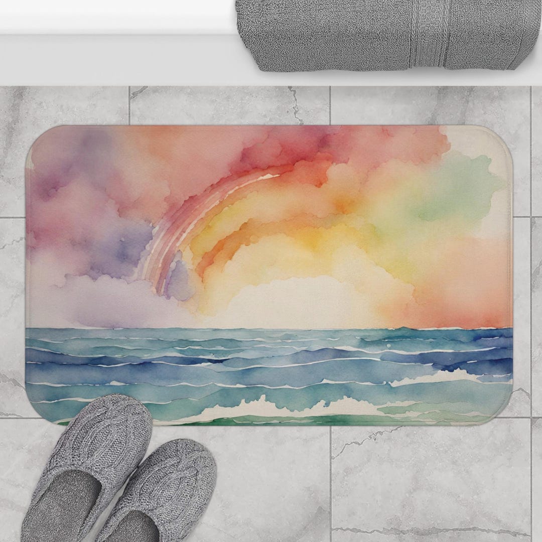 Watercolor Rainbow Sunset Ocean Bath Mat – Vibrant Coastal Decor ...