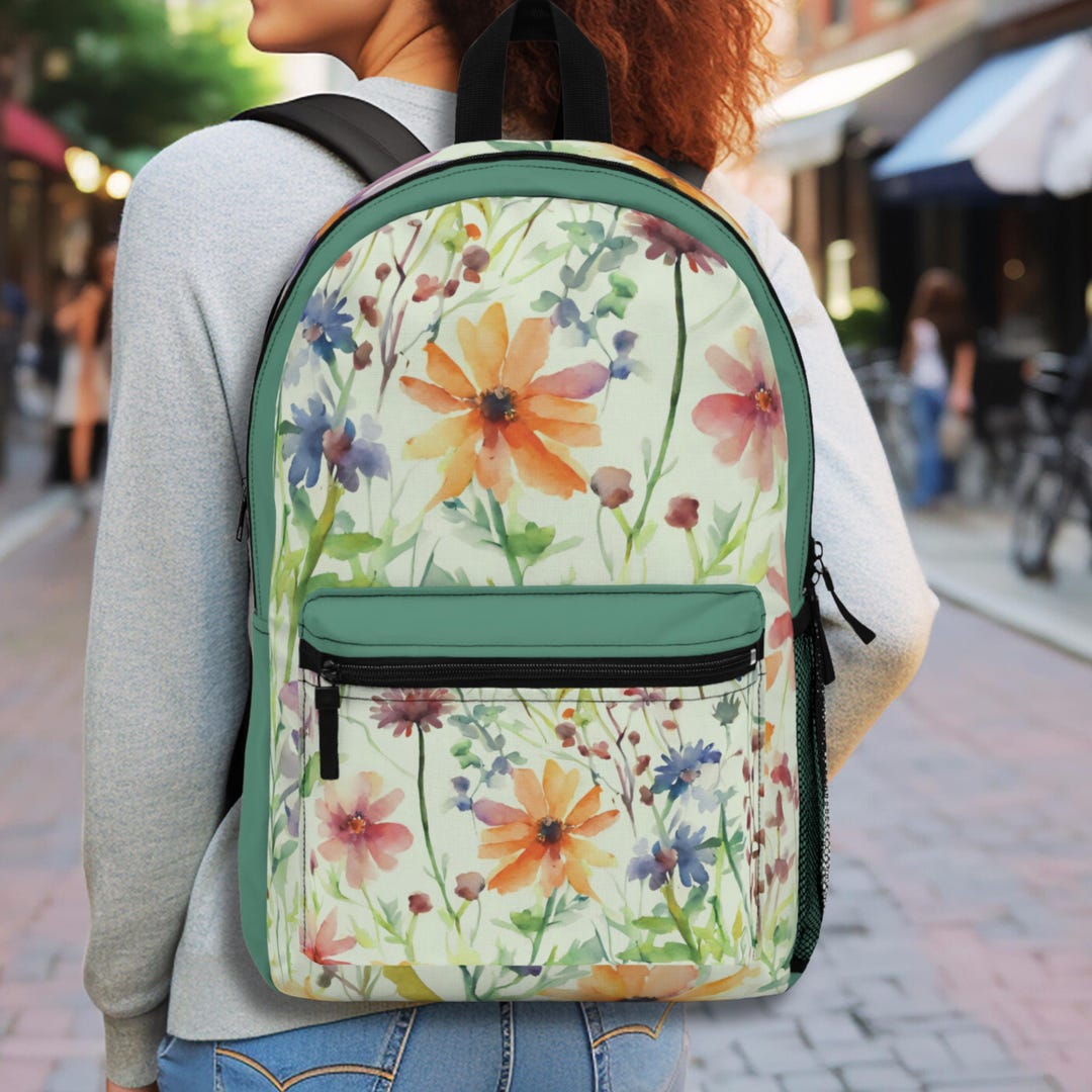 Watercolor Wildflower Backpack, Green Floral Laptop Bag, Boho School ...