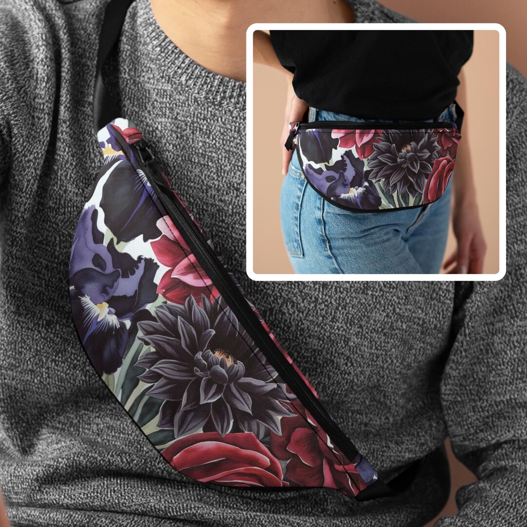 Gothic Flower Fanny Pack, Black Red Purple Blue Floral Bum Bag, Iris ...