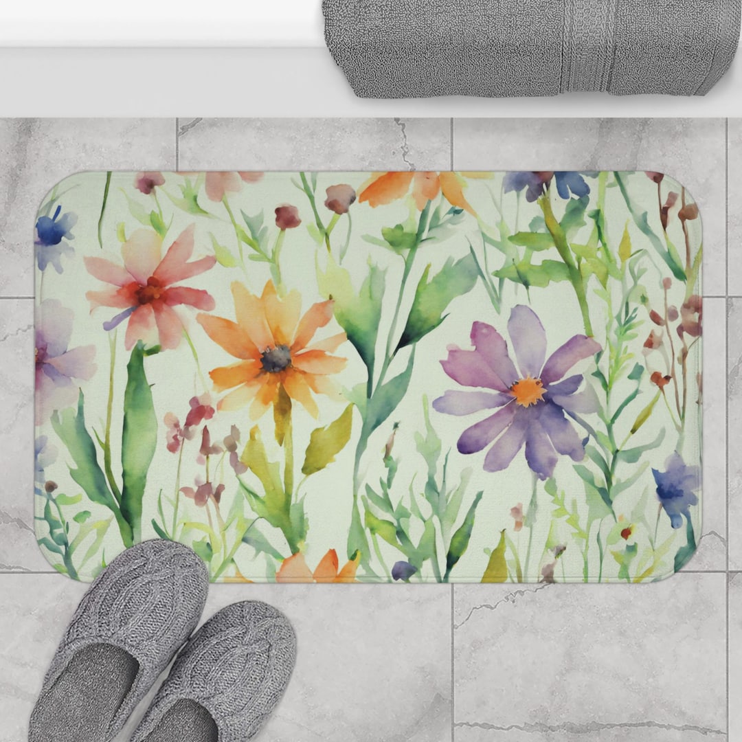 Watercolor Wildflower Bath Mat, Floral Memory Foam Rug - Etsy