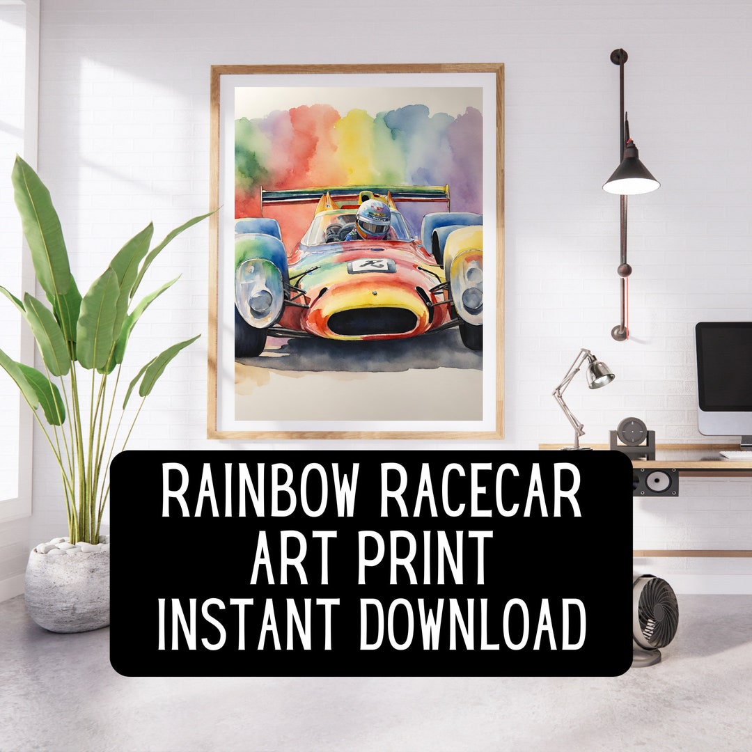 Vintage Rainbow Race Car Wall Art | Retro Racing Poster for Kids and ...
