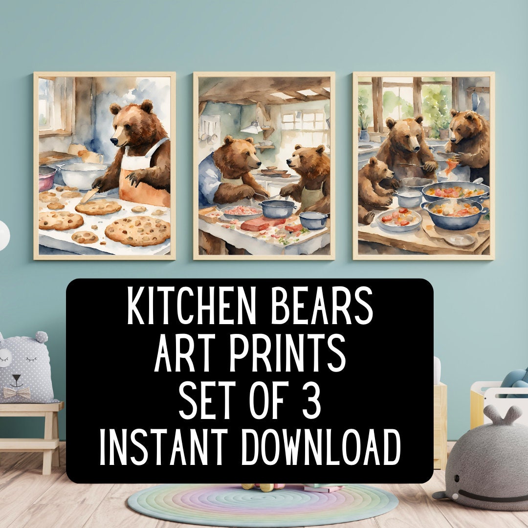Kitchen Bears Cooking Watercolor Style Set of 3 Digital Download Art ...