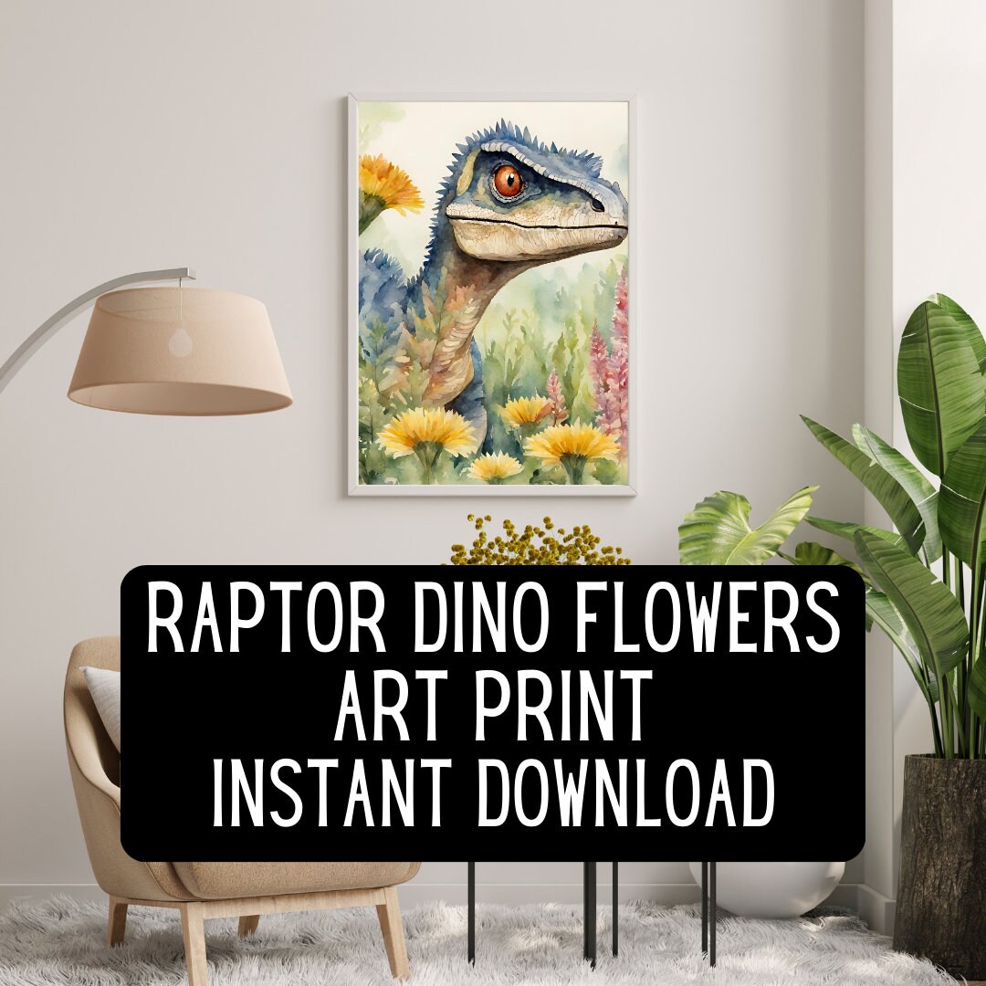 Velociraptor Watercolor Art Print – Floral Dinosaur Wall Art – Jurassic ...