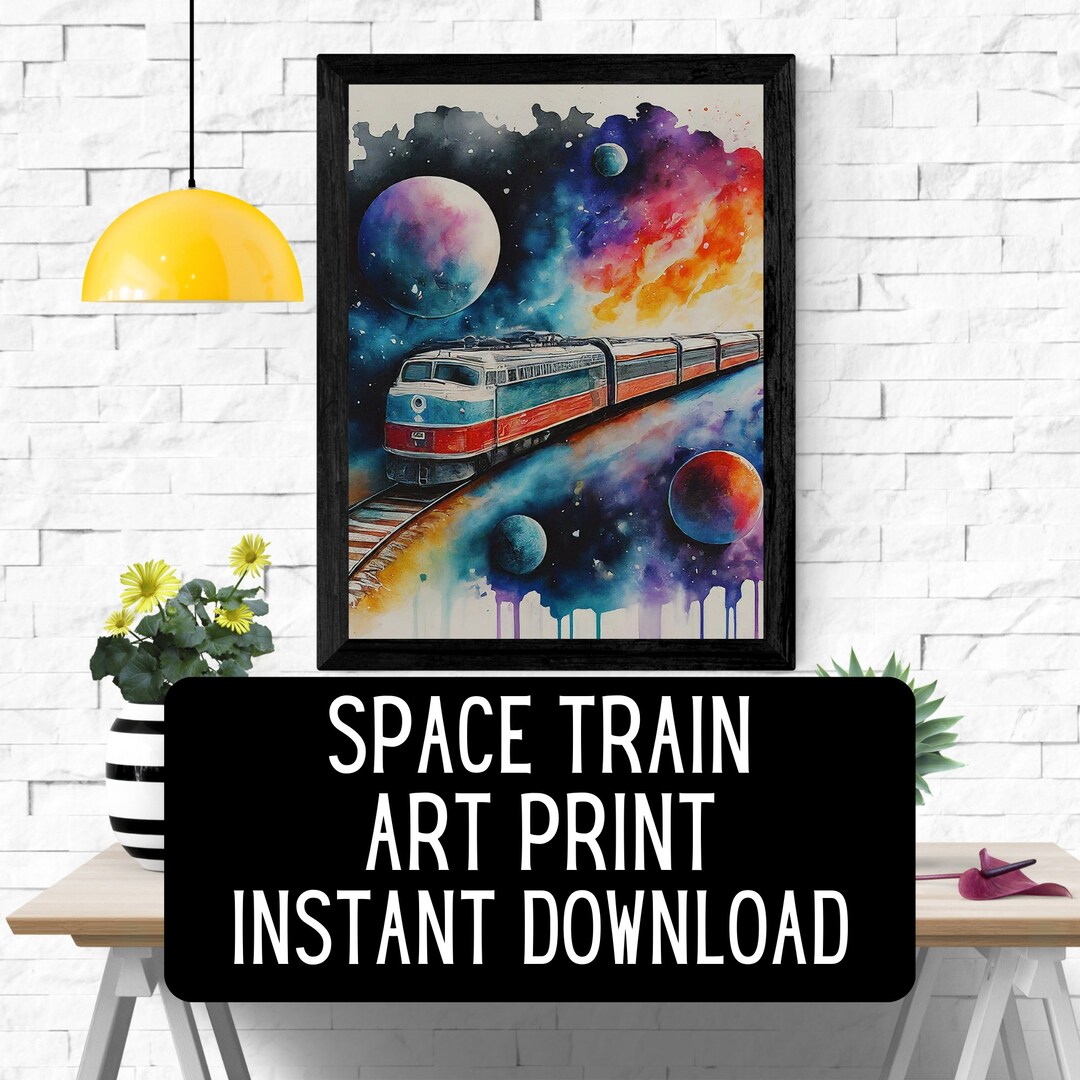 Space Train Watercolor Art Print – Futuristic Galaxy Train Illustration ...