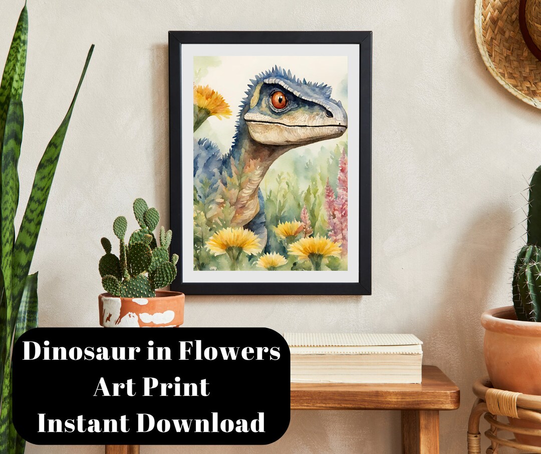 Single Image Watercolor Style Raptor Velociraptor Dinosaur in Flowers ...