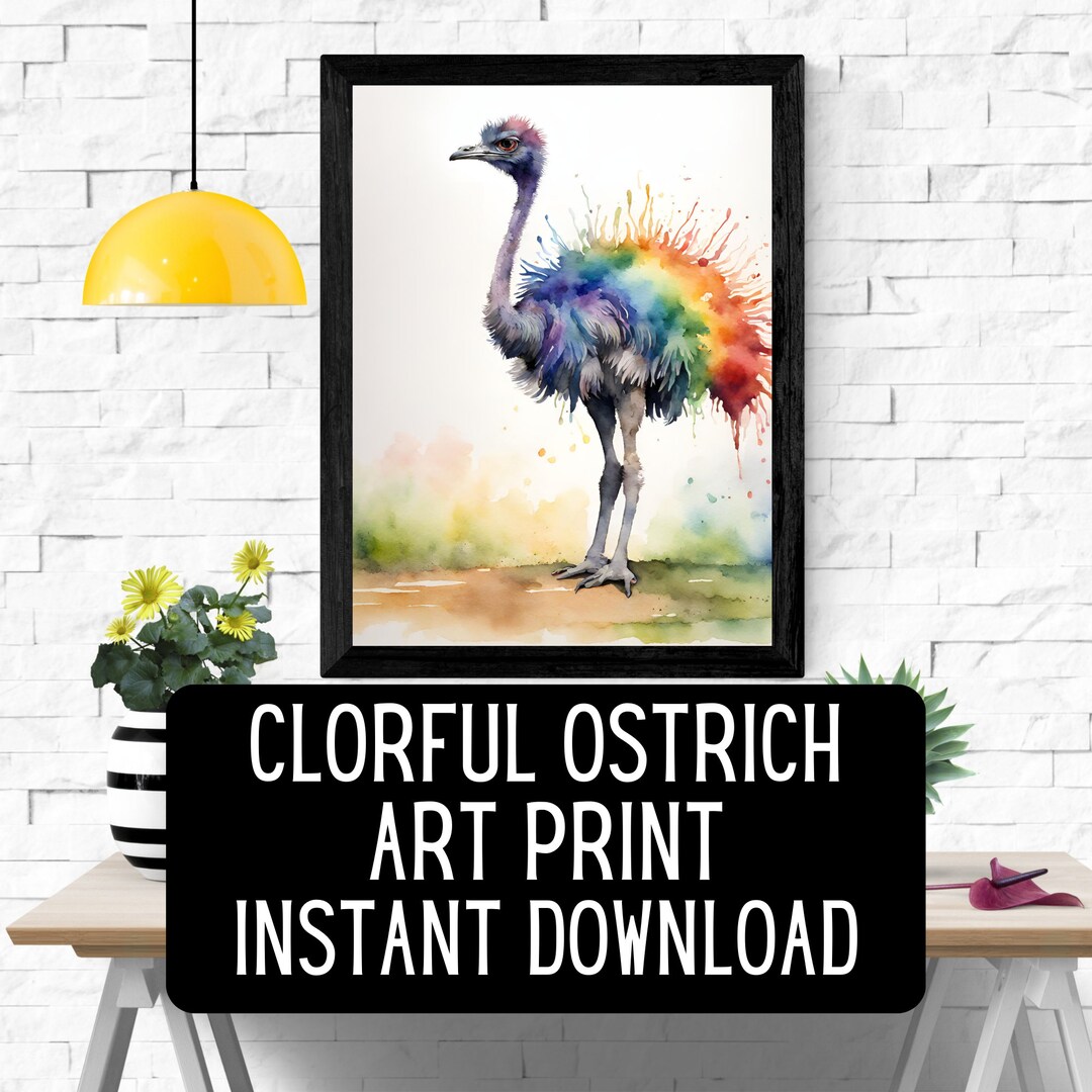 Rainbow Watercolor Ostrich Art Print – Vibrant Wildlife Decor (digital ...