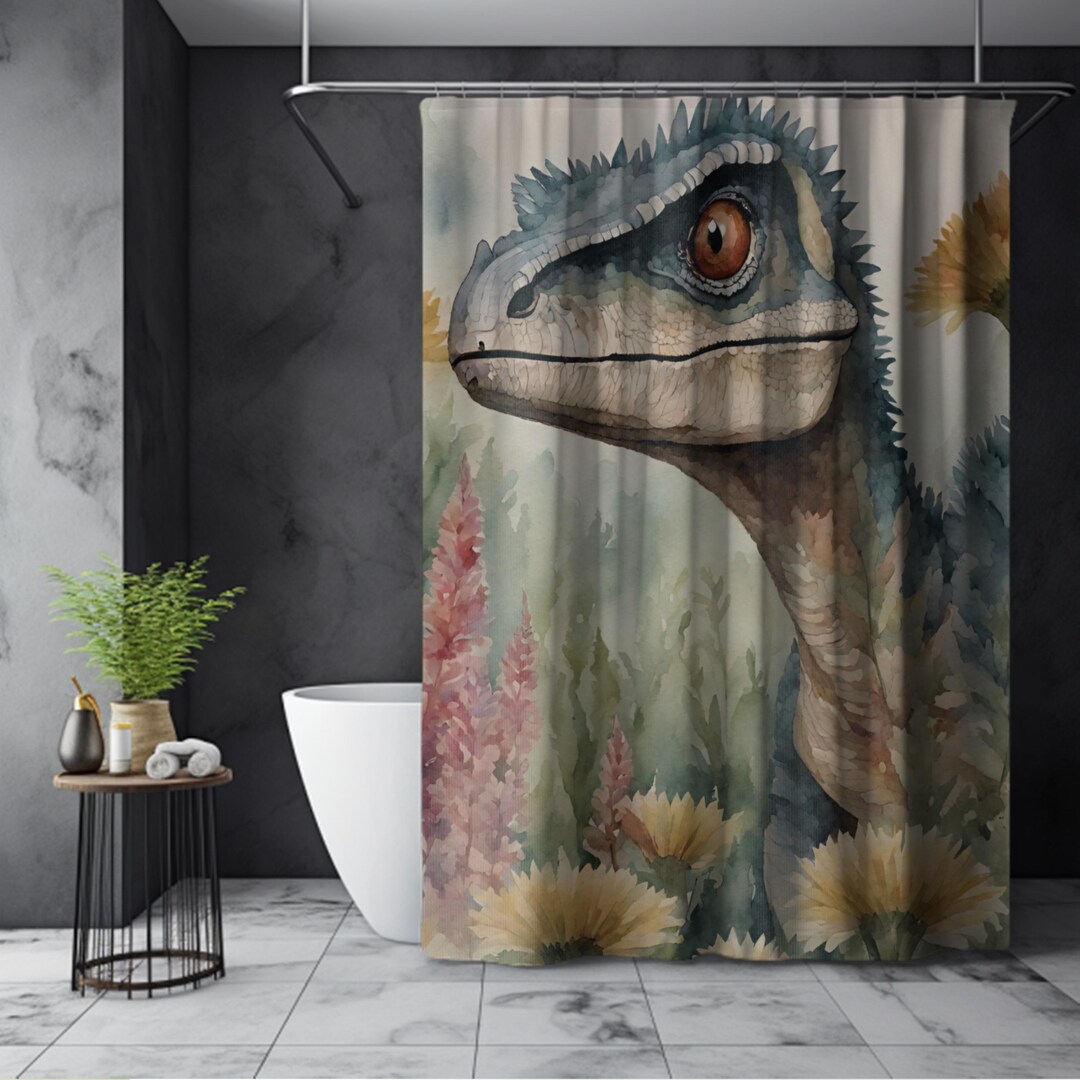 Dinosaur in Flowers Shower Curtain, Floral Velociraptor Bathroom, Girl ...