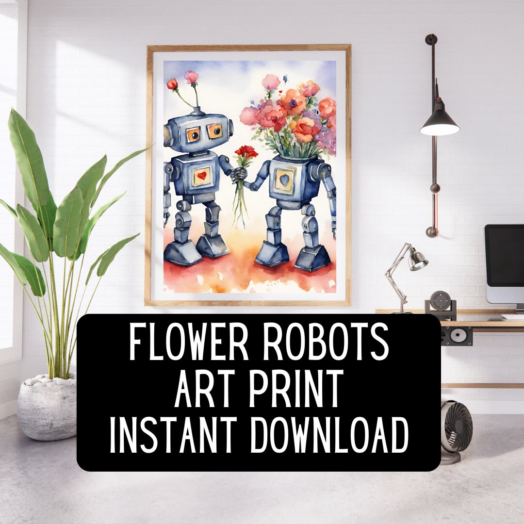 Romantic Robot Watercolor Style Art – Digital Download for Quirky, Love ...