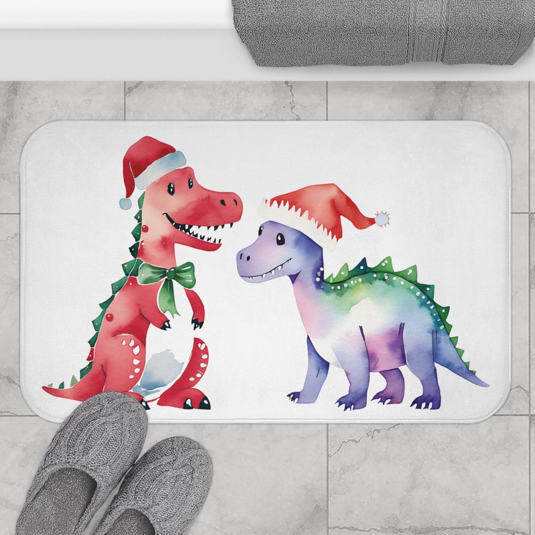 Watercolor Christmas Dinosaurs Bath Mat | Festive Holiday Bathroom ...