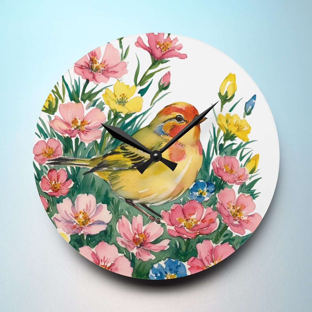 Watercolor Bird Floral Wall Clock, Cottage Garden Bird Decor, Vintage ...