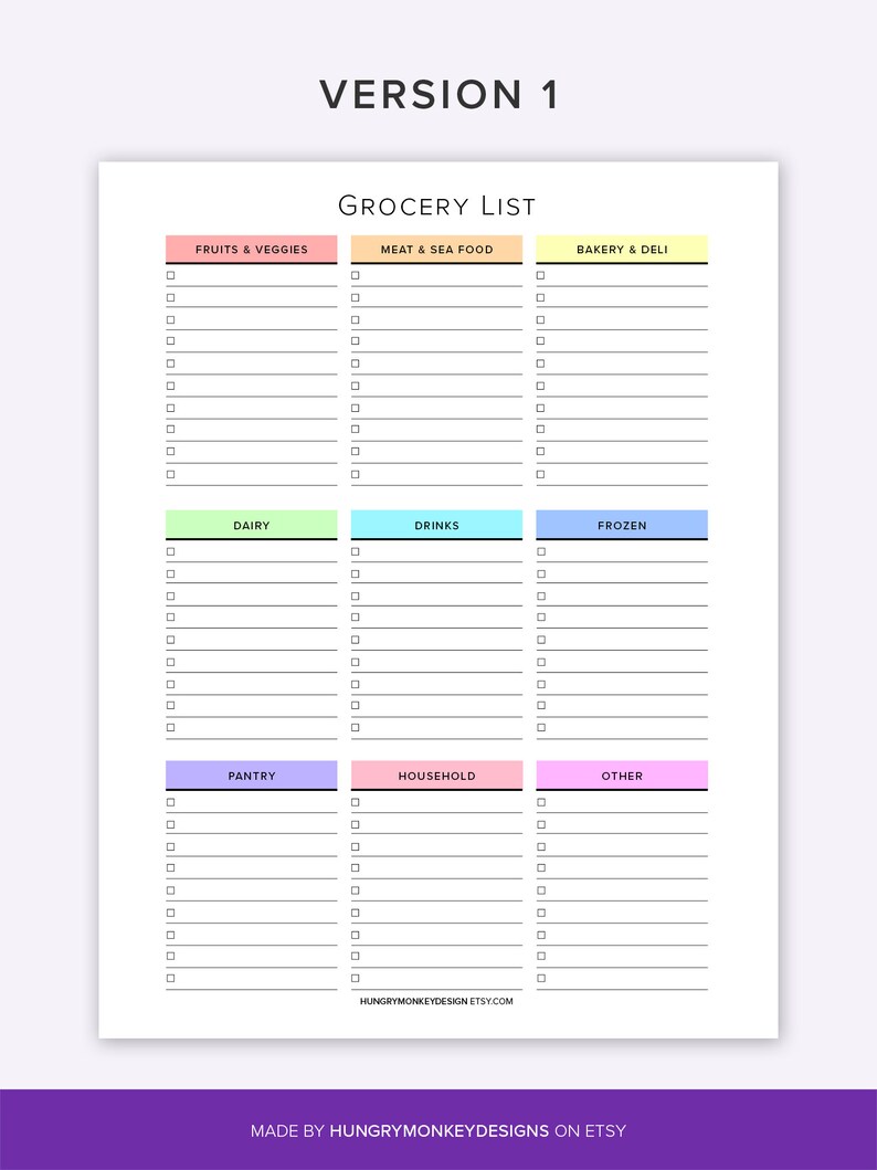 Printable Grocery List Template, Grocery Planner, Food Shopping List ...