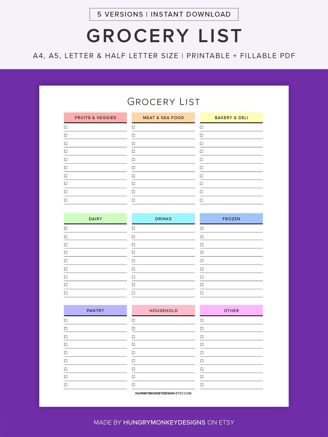 Printable Grocery List Template, Grocery Planner, Food Shopping List ...