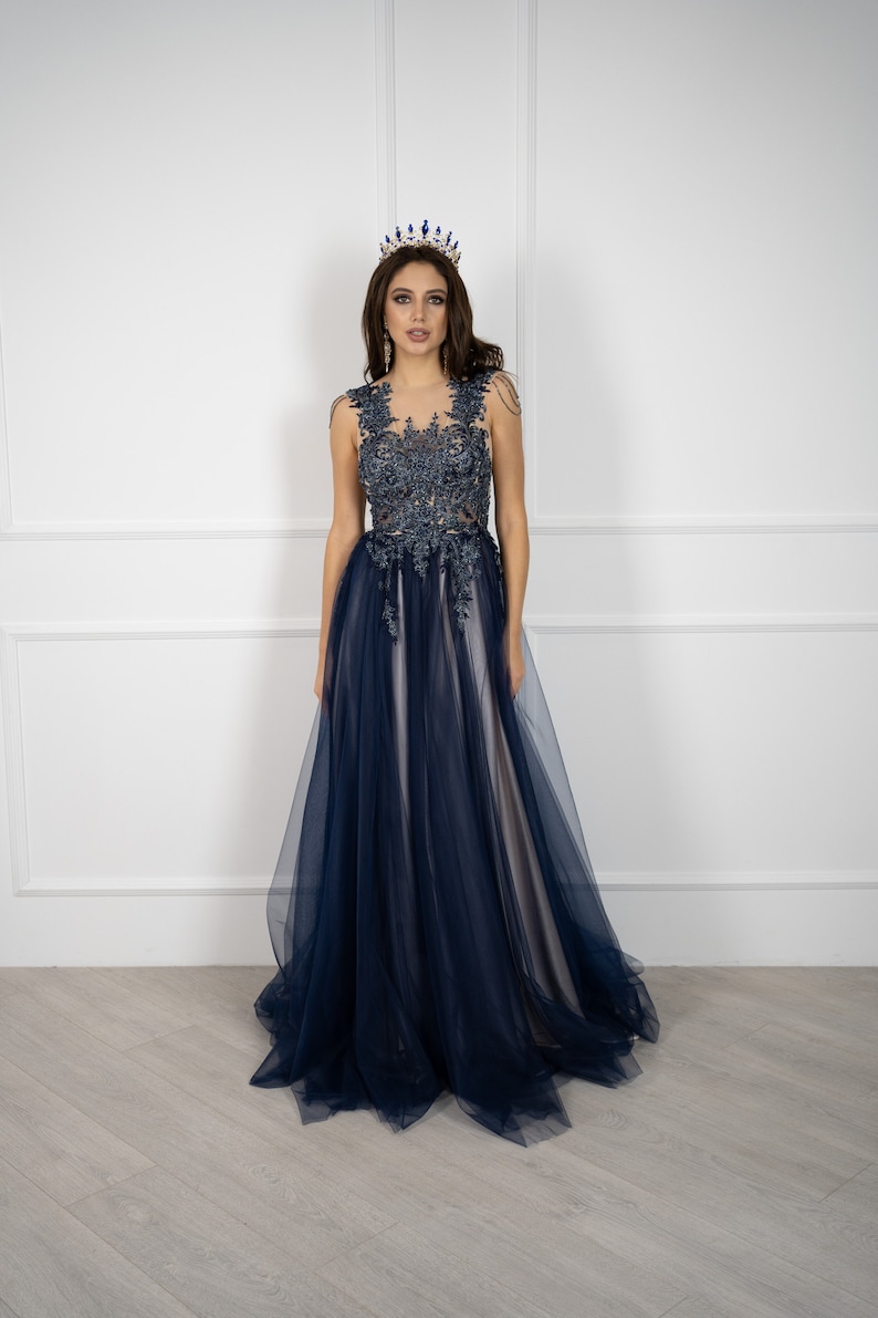 Dark Blue Formal Dress, Gorgeus Maxi Tulle Prom Dress, Floral Lace ...
