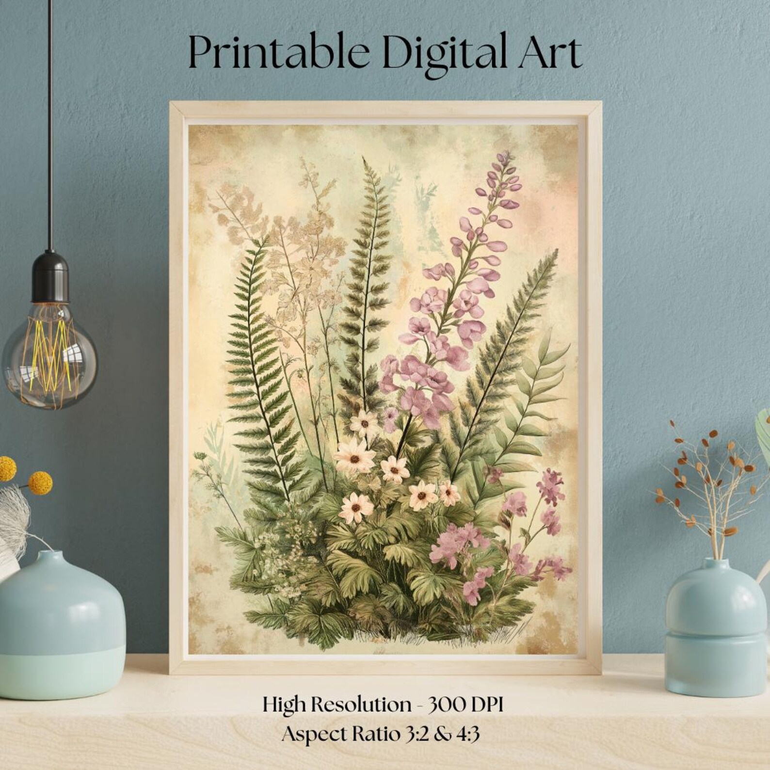4 Printable Vintage Botanical Wildflower & Fern Illustration ...