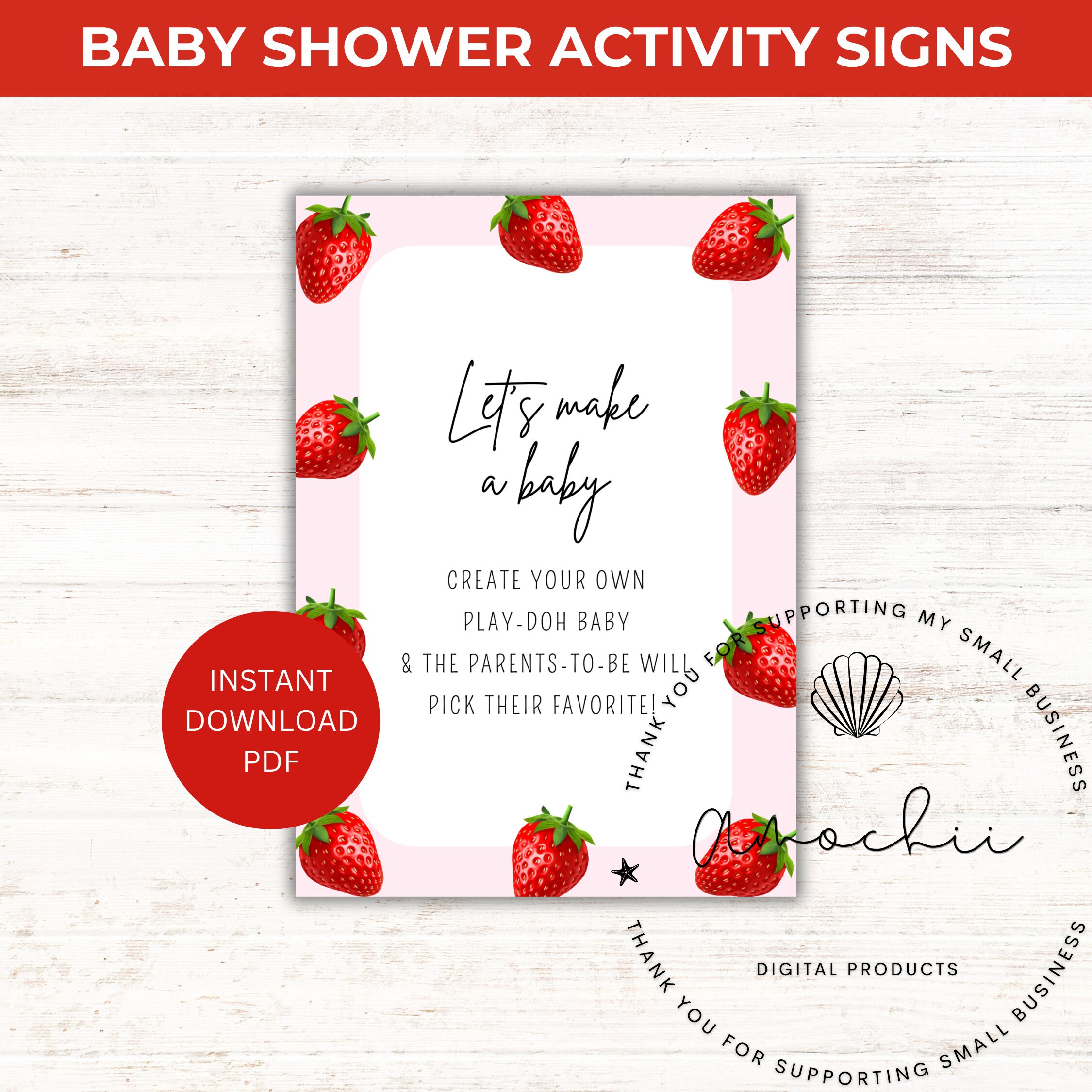 Strawberry Cute Girl Sweet Baby Shower Table Activity Signs Affordable ...
