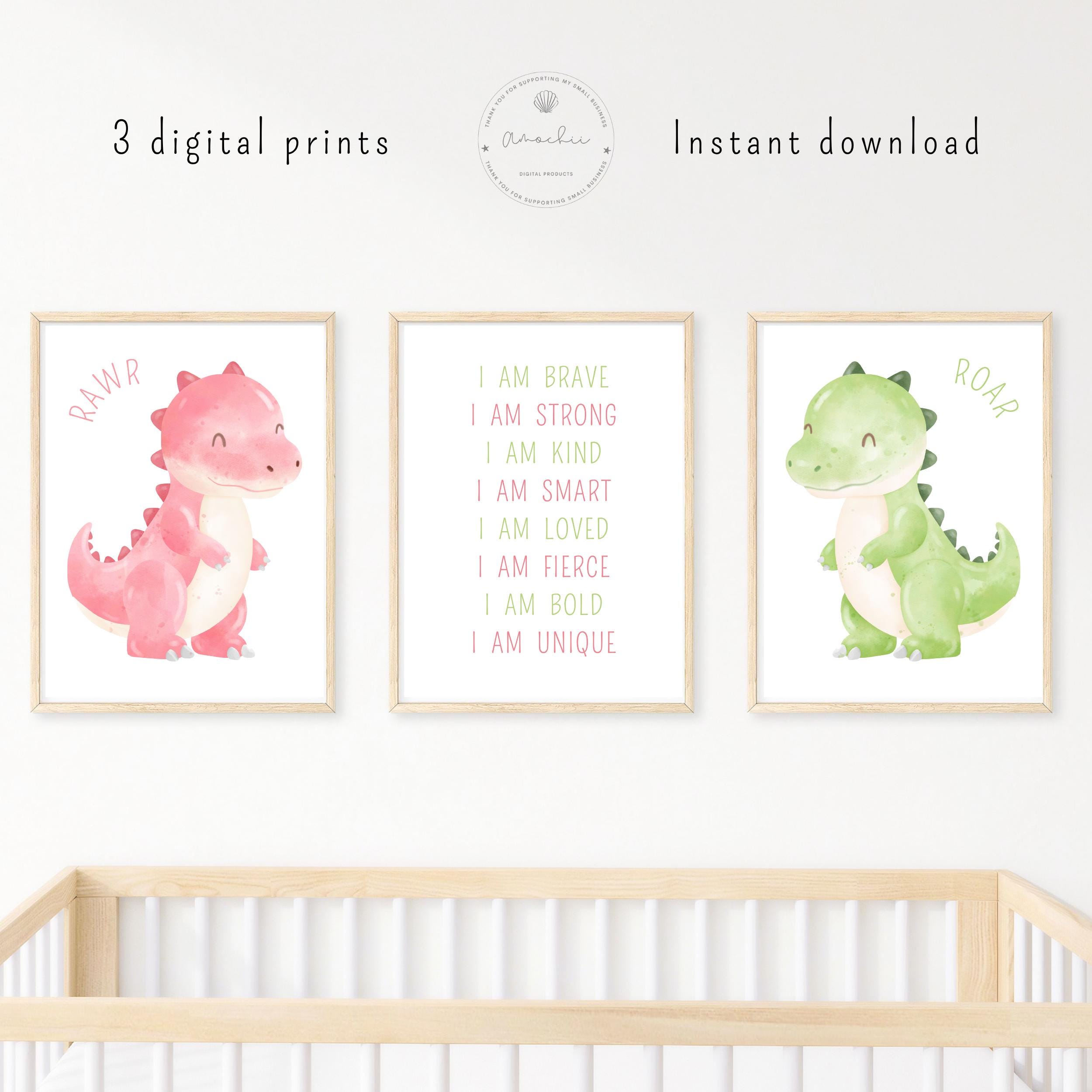 Dinosaur Positive Affirmations Nursery Wall Art Decor for Girls Toddler ...
