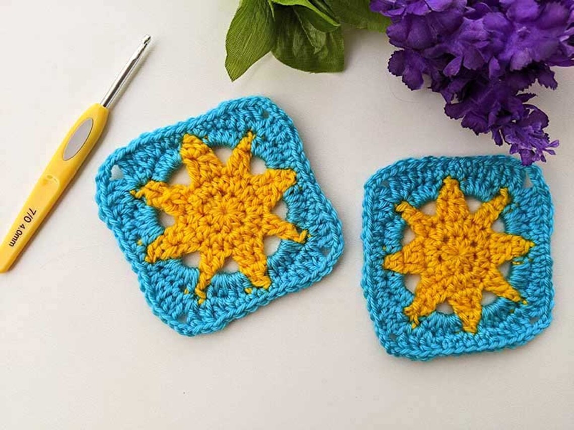 Small Sun Granny Square Sun Crochet Pattern DIY Sunburst Crochet Square ...