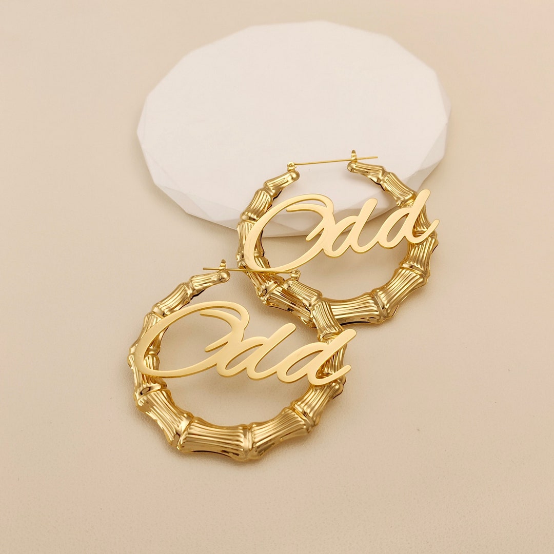 Custom Name Bamboo Earrings, Bamboo Earrings Hoops, Gold Name Hoops ...