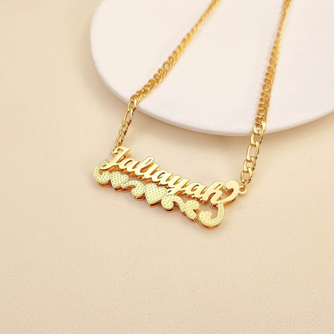 Custom Double Plate Gold Heart Name Necklace, Double Name Plated ...