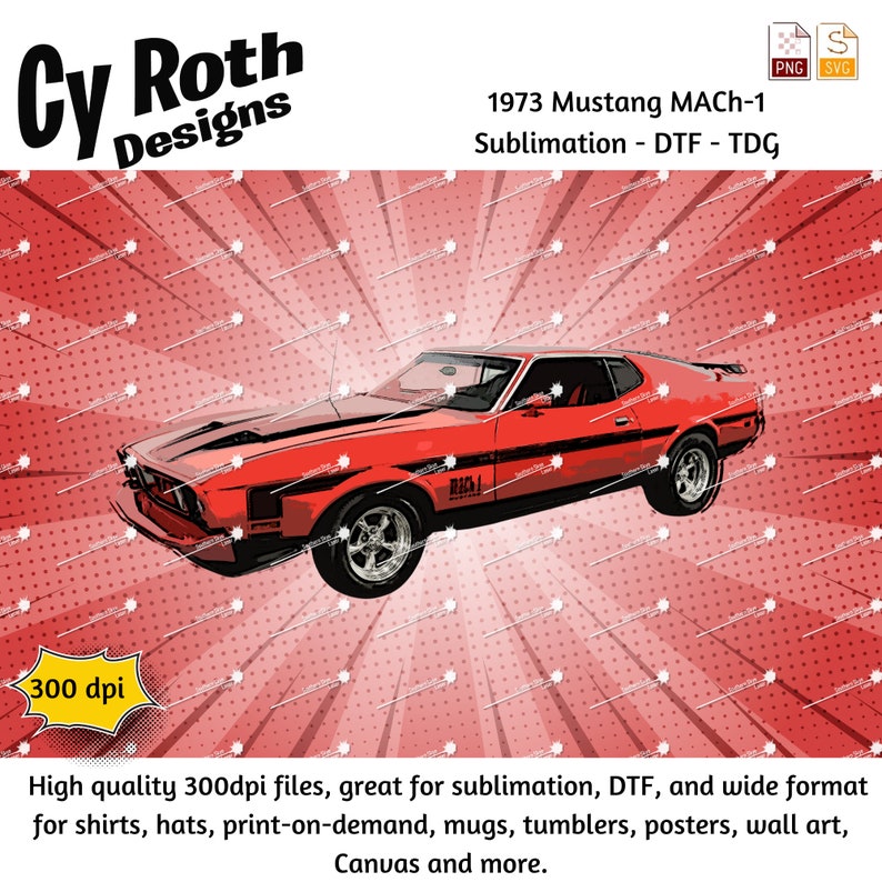 1973 Ford Mustang Mach-1 Color Drawing Sublimation DTF DTG Print File ...