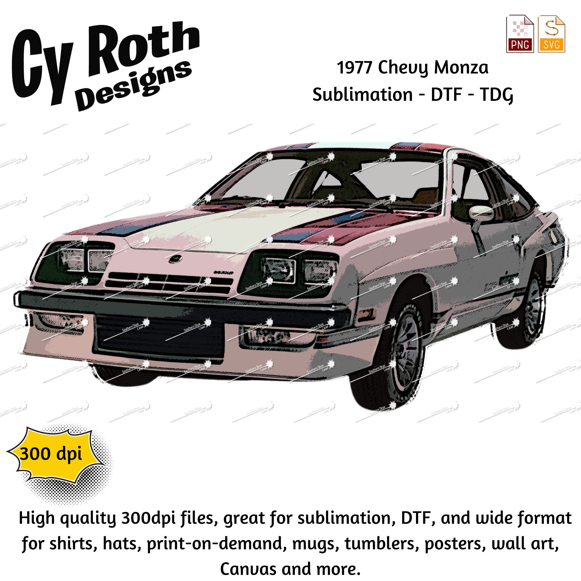 1977 Chevy Monza Color Drawing Sublimation DTF DTG Print File and BONUS ...