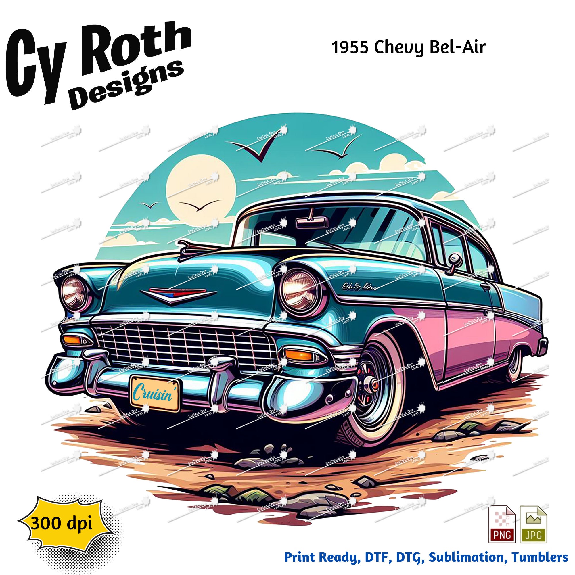 1955 Chevy Bel Air Color Drawing: Sublimation Print File (bonus Tumbler ...
