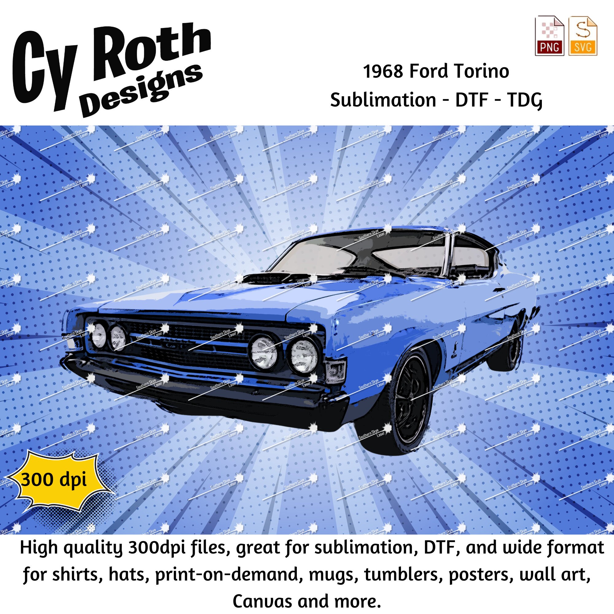 1968 Ford Torino Color Drawing Sublimation DTF DTG Print File and BONUS ...