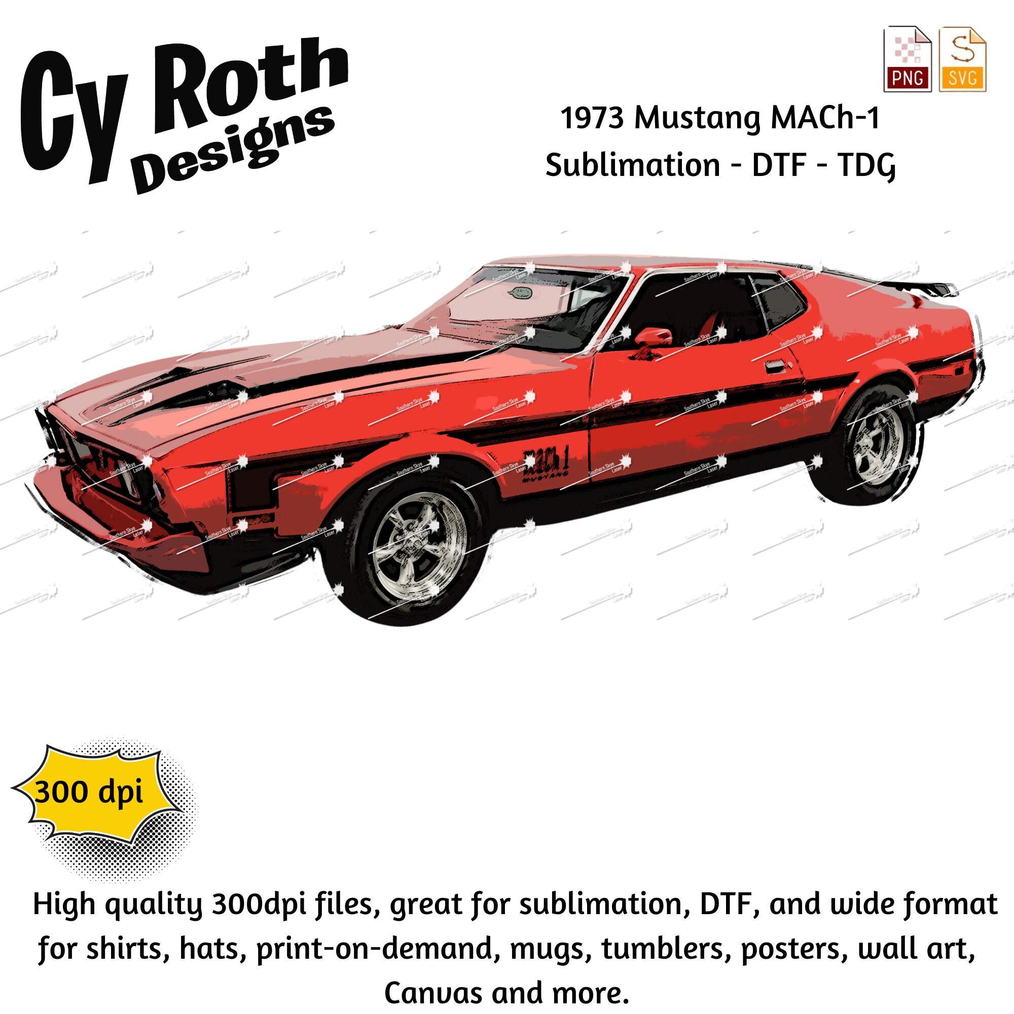 1973 Ford Mustang Mach-1 Color Drawing Sublimation DTF DTG Print File ...