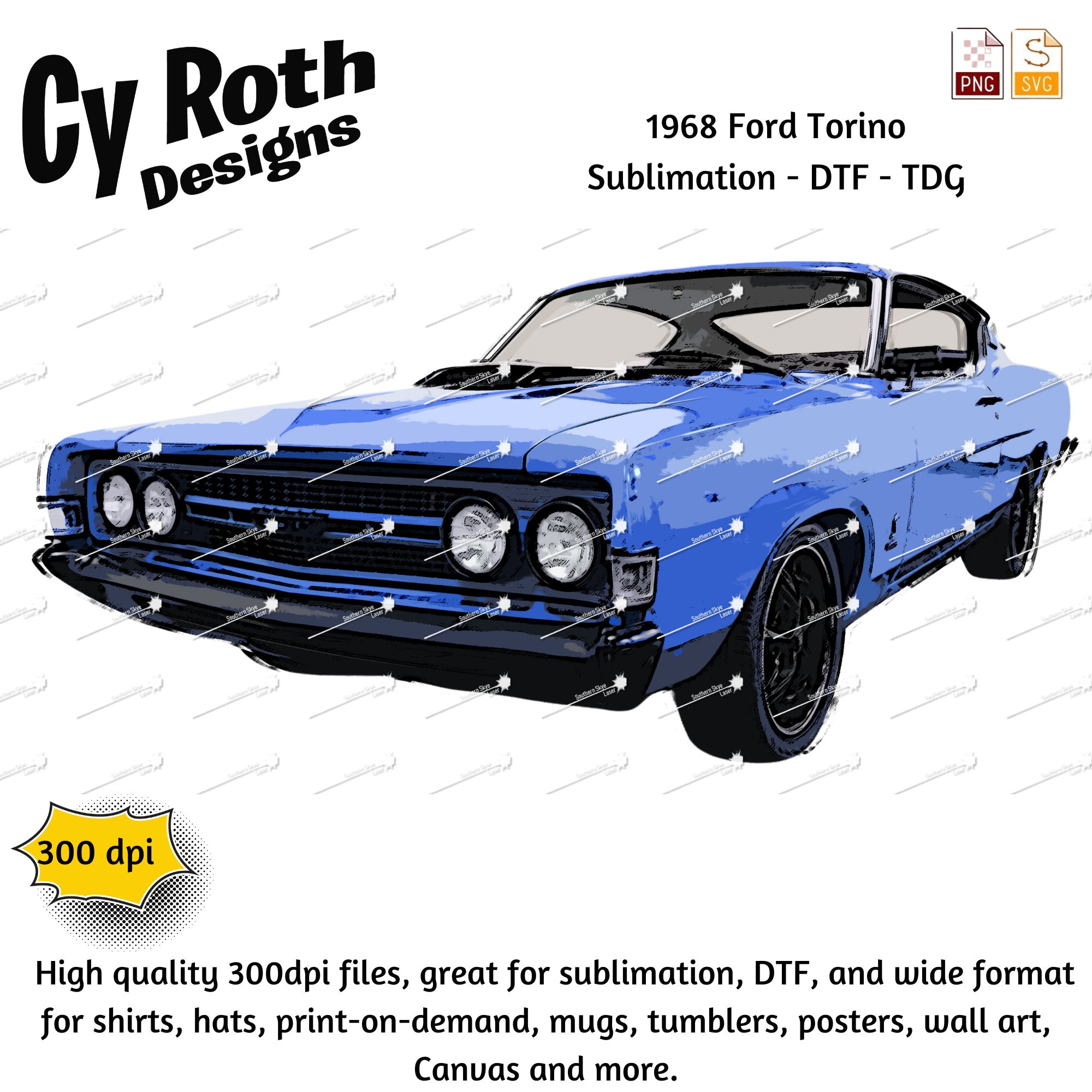1968 Ford Torino Color Drawing Sublimation DTF DTG Print File and BONUS ...