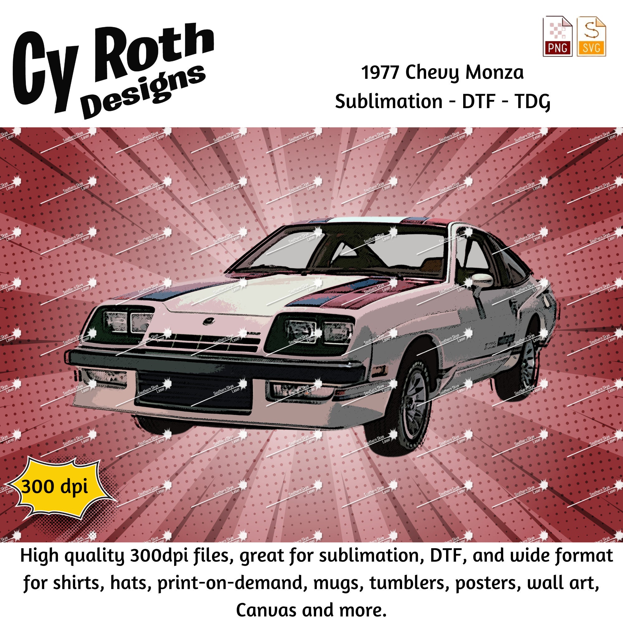 1977 Chevy Monza Color Drawing Sublimation DTF DTG Print File and BONUS ...