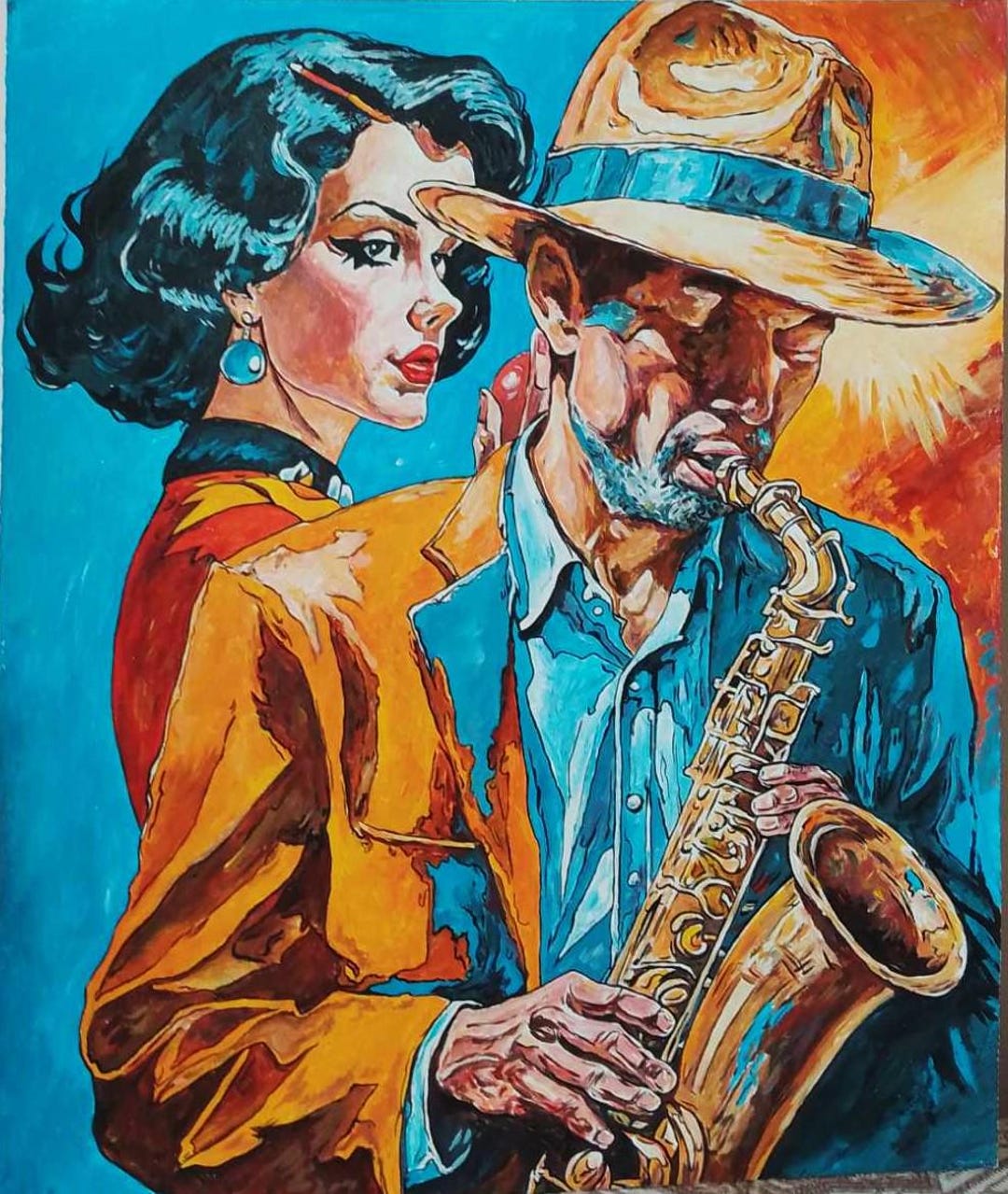 Wall Art Saxophone Jass Musician Man and Woman Blue and Yellow Acrylic ...