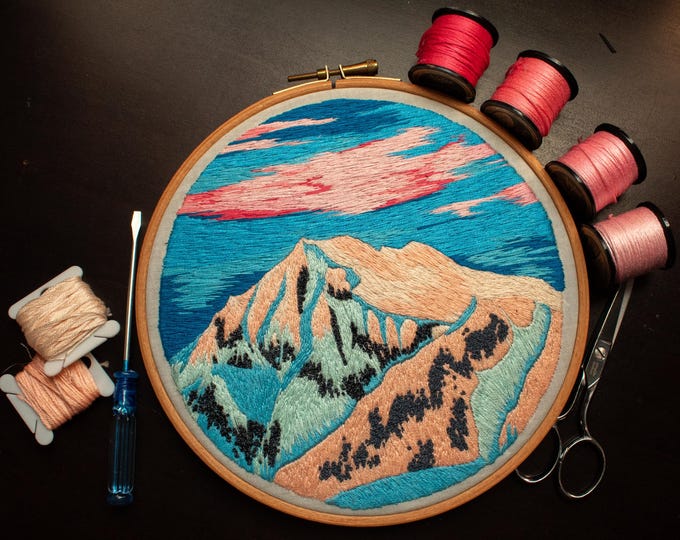 Pink Sunset Mountain Embroidery Pattern, Instant Download DIY Craft, Landscape Art, Mountain ...