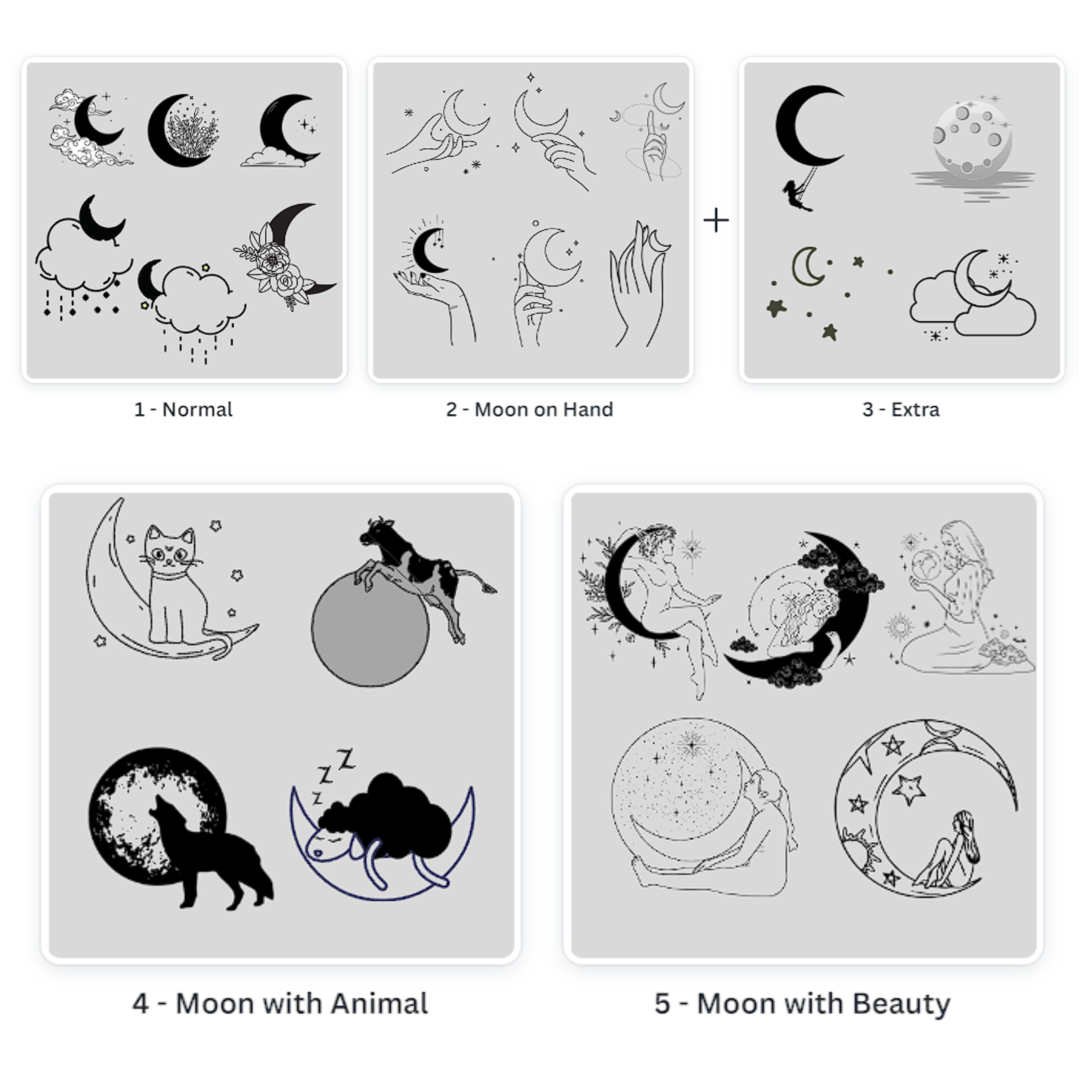 Digital Moon Silhouette Art Collection Moon Phases Instant Download 5 ...