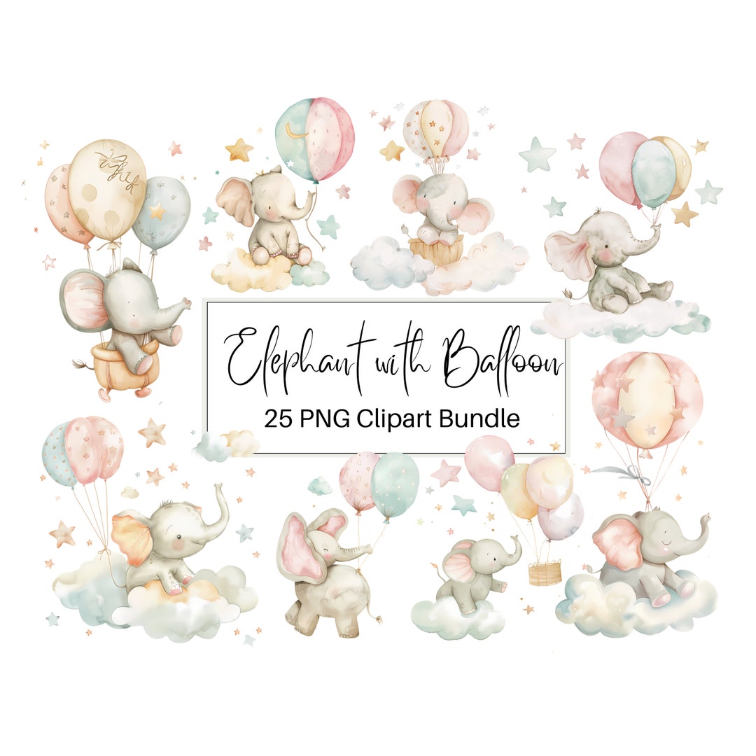 25 Watercolor Elephant Clipart, Pastel Colors, Elephant Balloon ...
