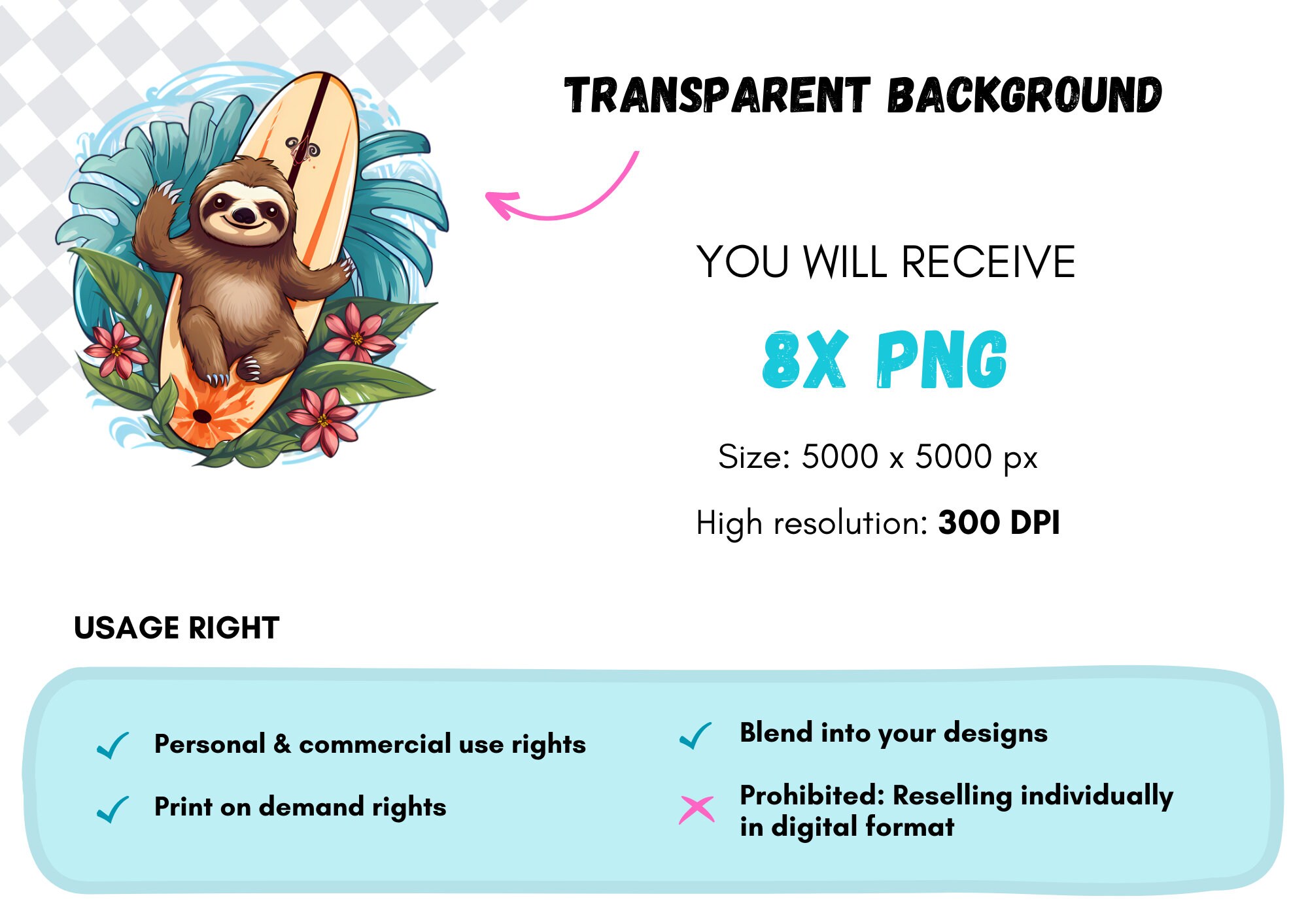 Surf Aesthetic Sloth Clipart, Surf Wear Sloth Print, Surfing Clip Art ...