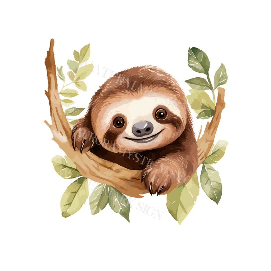 Watercolor Baby Sloth SVG, Watercolor Hanging Sloth, Lazy Sloth Clipart ...