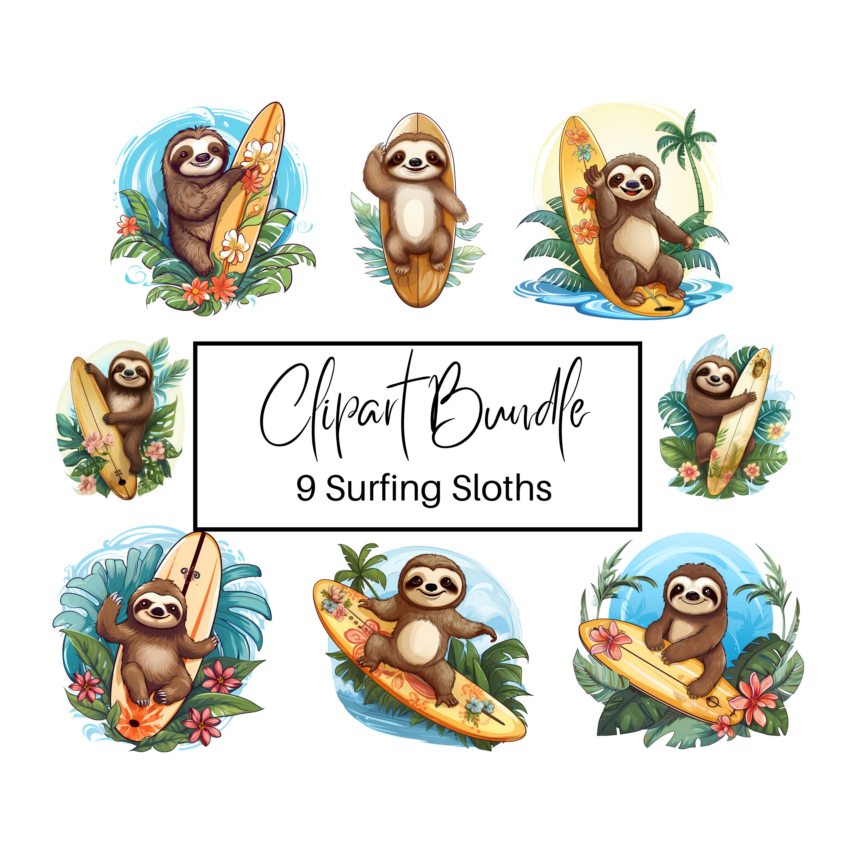 Surf Aesthetic Sloth Clipart, Surf Wear Sloth Print, Surfing Clip Art ...