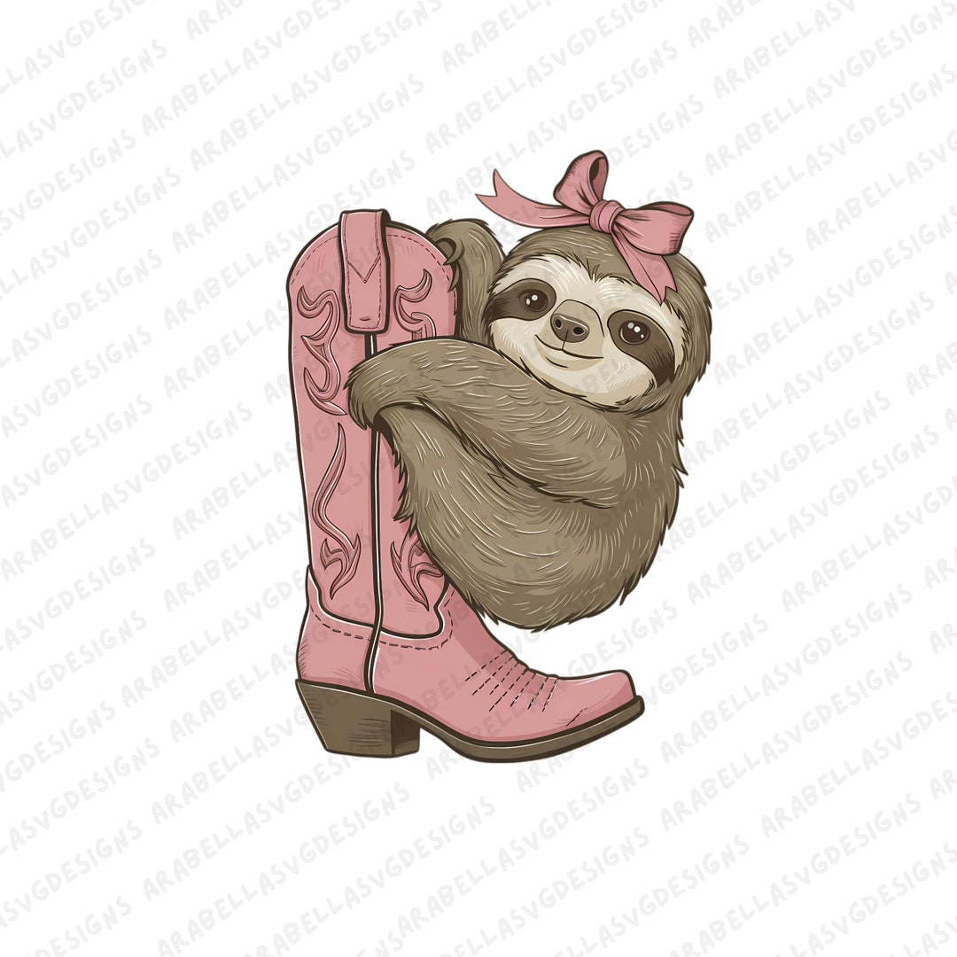 Coquette Sloth, Cowgirl Boot Clipart, Sloth SVG, Coquette PNG, Pink ...