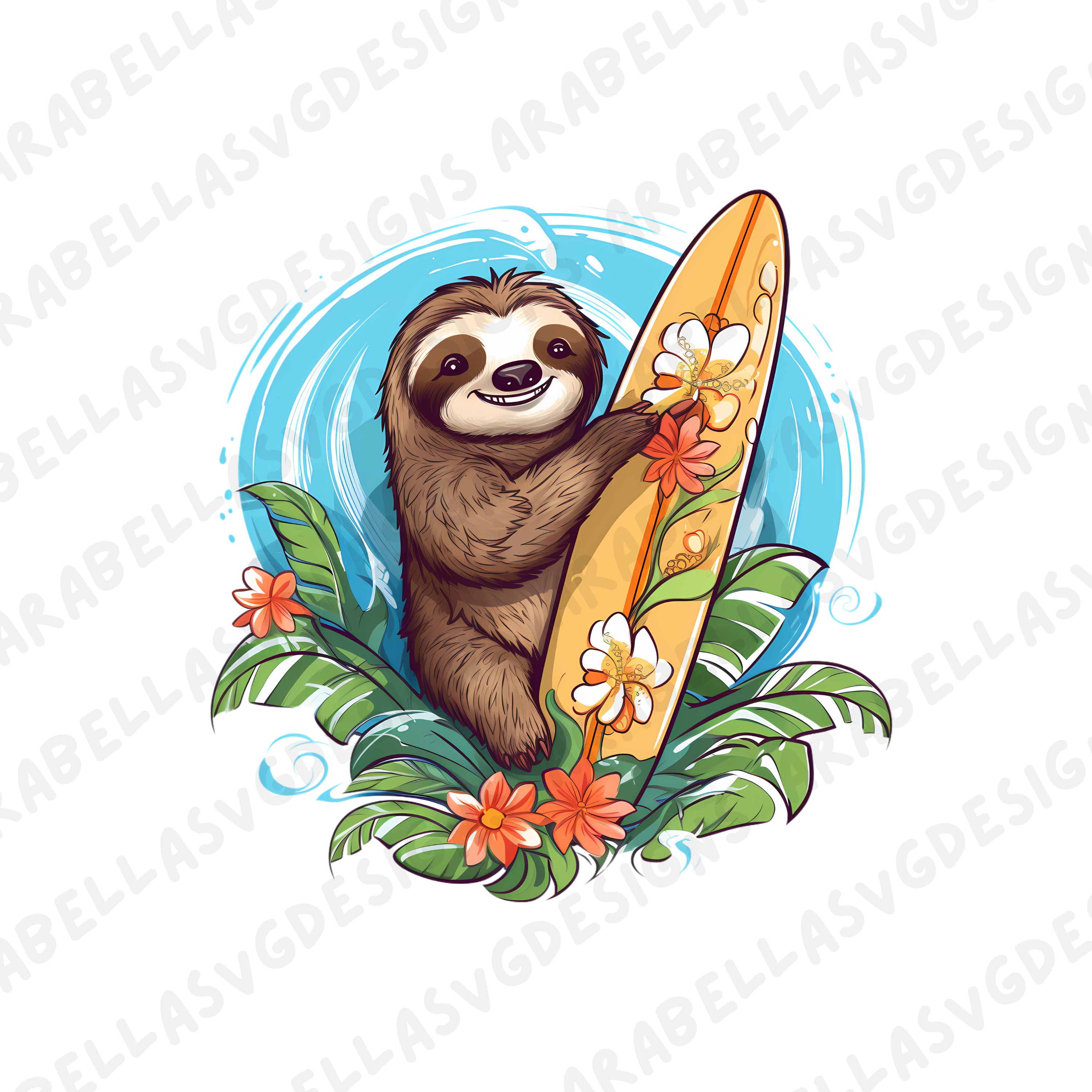 Surf Aesthetic Sloth Clipart, Surf Wear Sloth Print, Surfing Clip Art ...