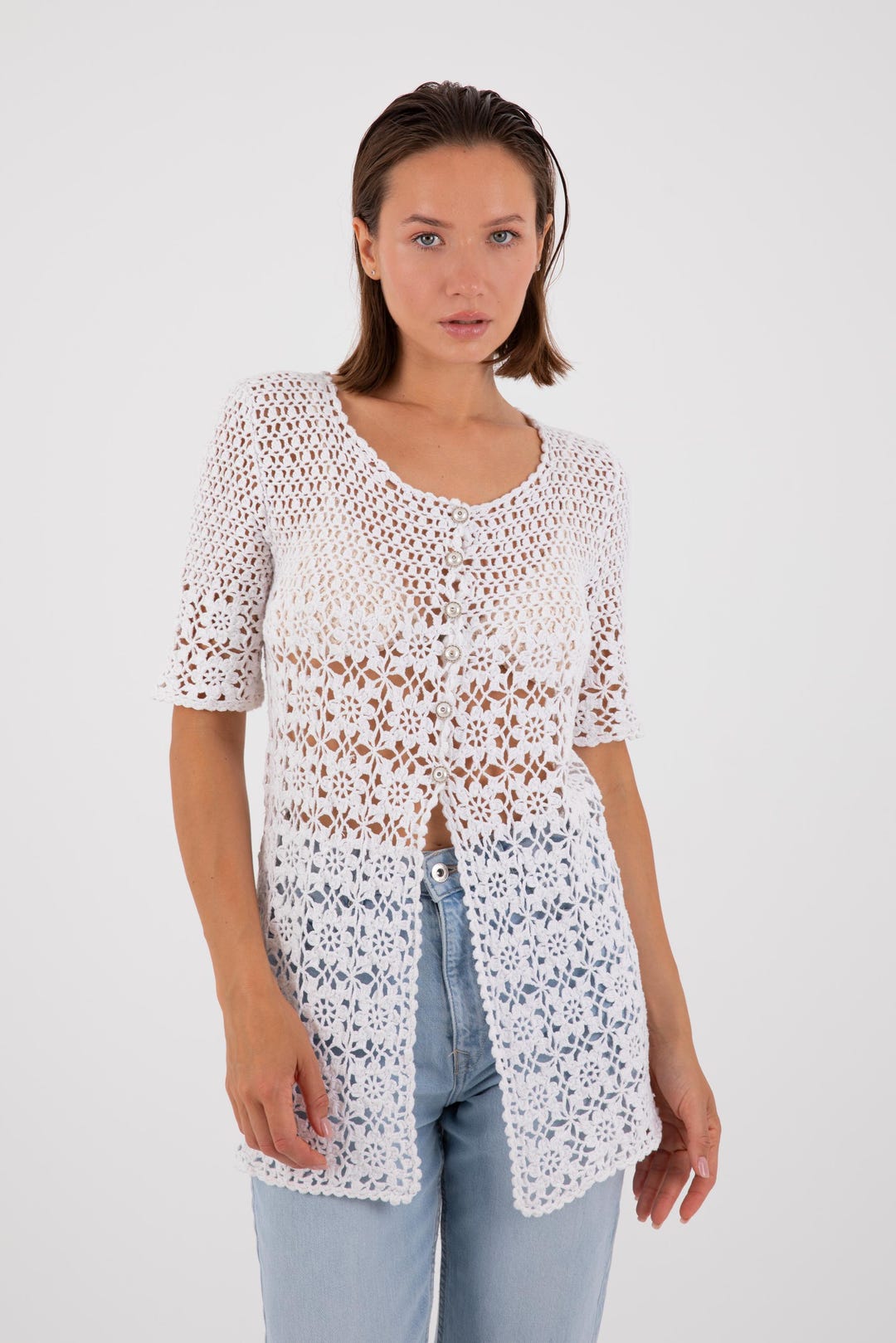 Handmade White Crochet Cardigan, Lightweight Mercerized Cotton Lace ...