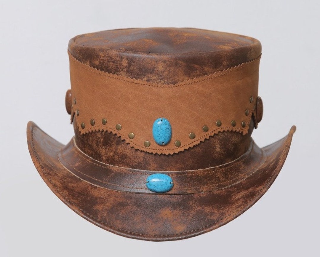 Tan Brown Leather Hat Stone Crown Style Band Style Top Hat - Etsy