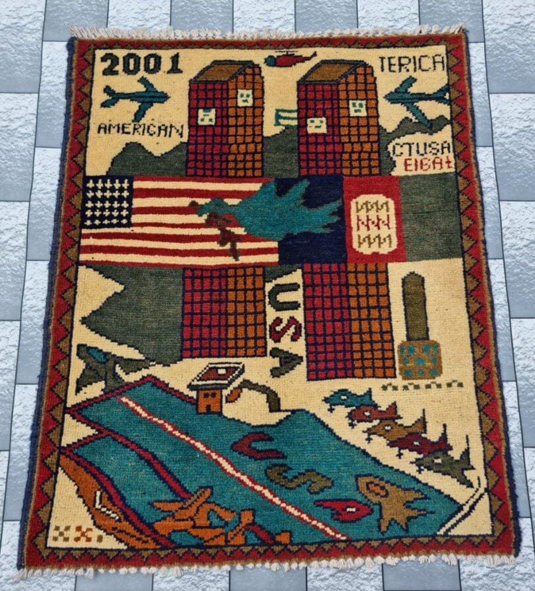 Handmade Afghan Trabal Rug Pictorial War Rug9/11 Pure Soft Wool War Rug ...