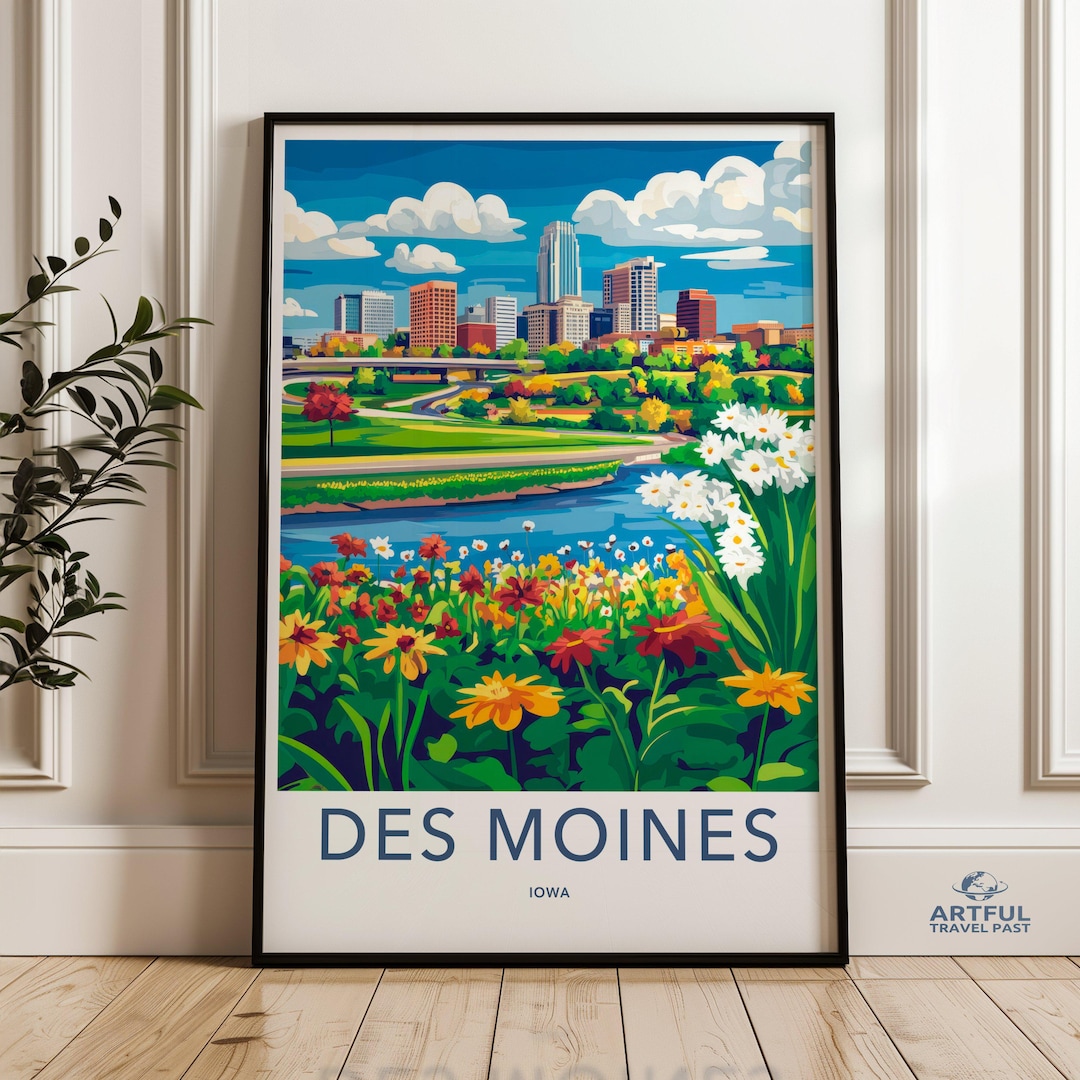 Des Moines Cityscape Wall Art, Iowa Skyline Poster, Vibrant Floral City ...