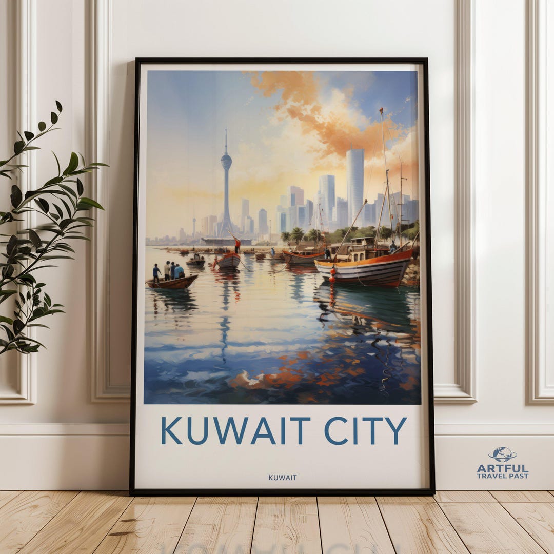 Kuwait City Waterfront Skyline, Traditional Boats Artwork, Iconic ...