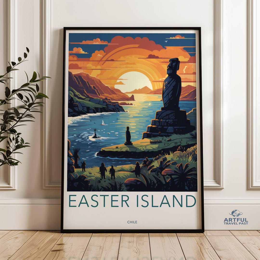 Easter Island Wall Art, Moai Statue Sunset Print, Chile Travel Poster ...