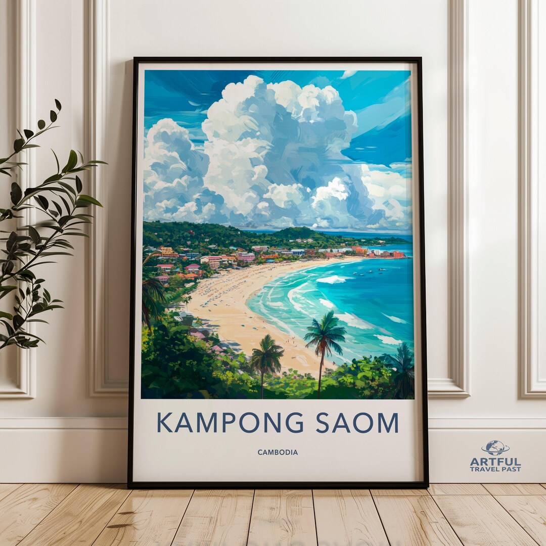 Colorful Coastal Beach Town Wall Art, Scenic Seaside Print, Ocean View ...