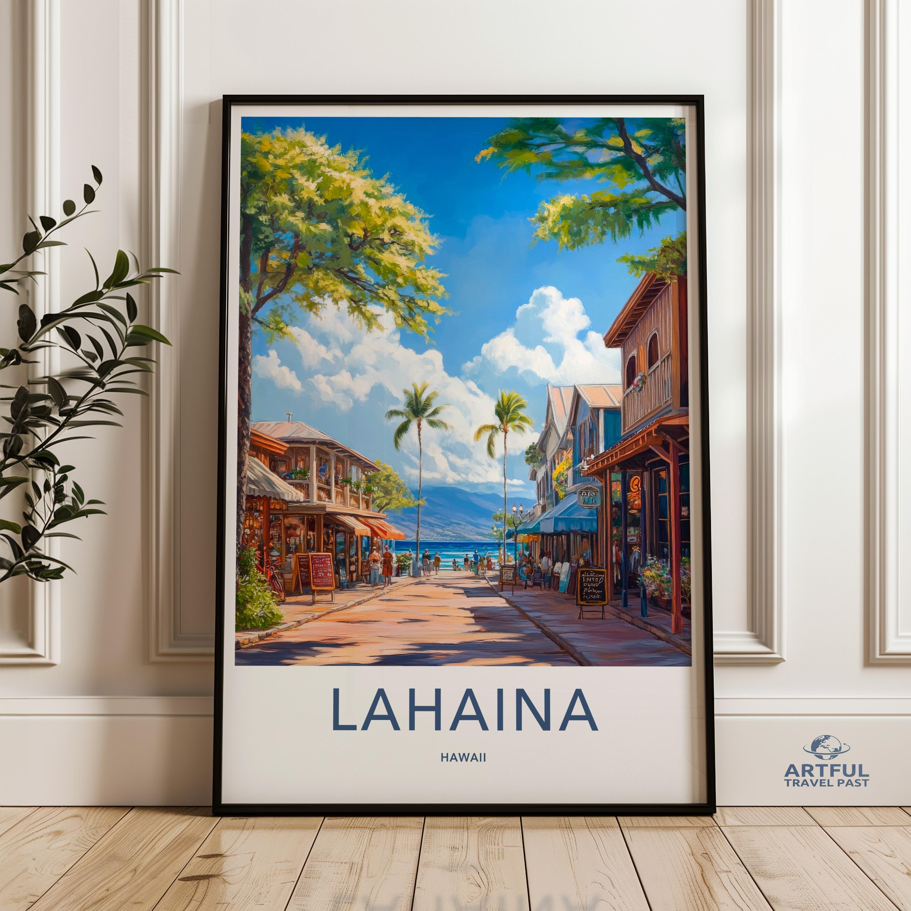 Coastal Lahaina Hawaii Poster, Beach Scene Wall Art, Hawaiian Street ...