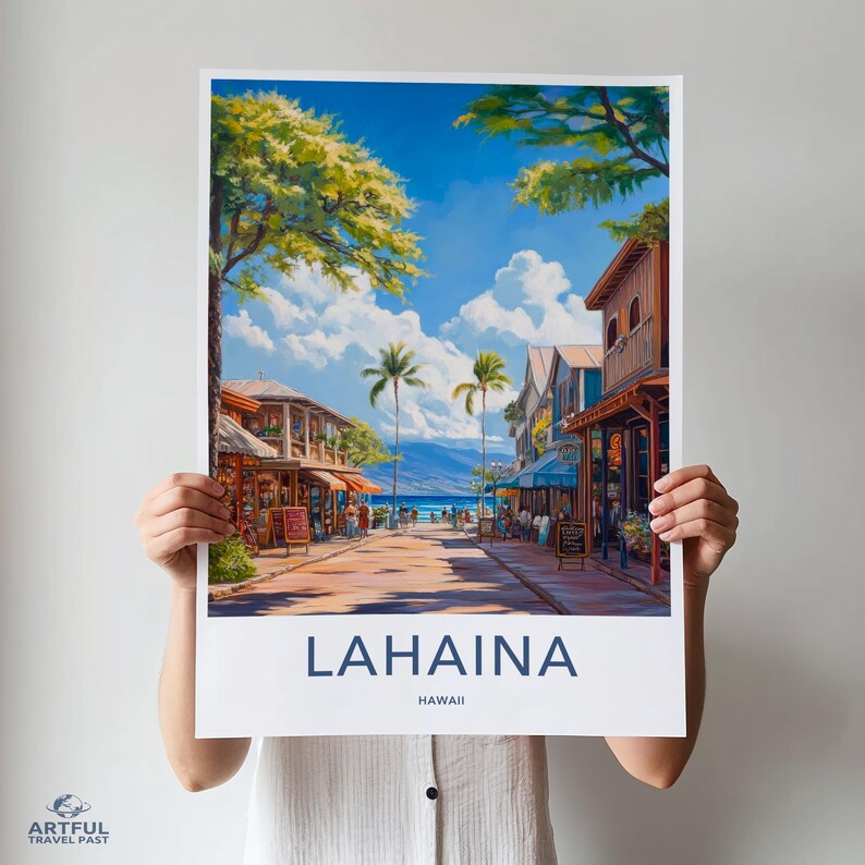 Coastal Lahaina Hawaii Poster, Beach Scene Wall Art, Hawaiian Street ...